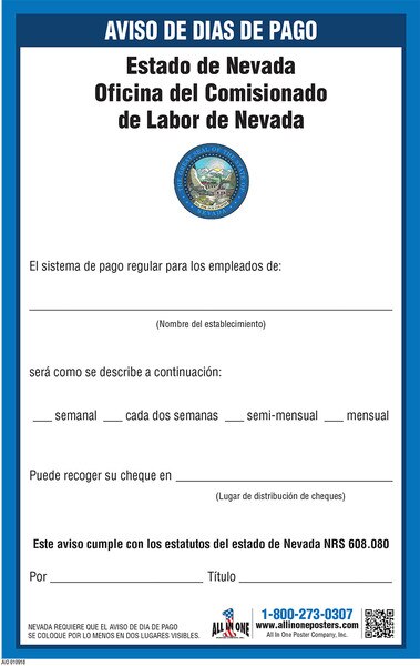 Nevada Pay Day Notice | Workplace Poster | Additional State Posting ...