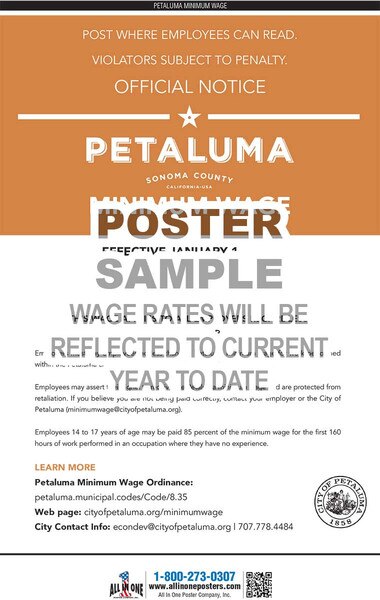 2025 Petaluma City Minimum Wage Poster Labor Law Poster | California City