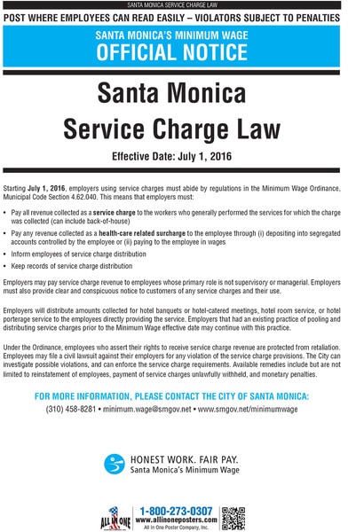 Santa Monica Service Charge Law Labor Law Poster | California City