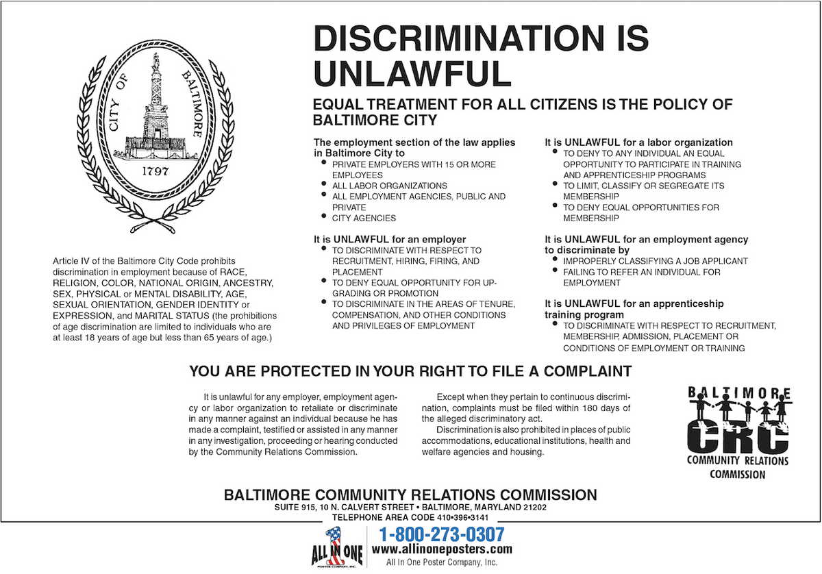 Baltimore Discrimination Poster | Labor Law Poster | Local Ordinance ...